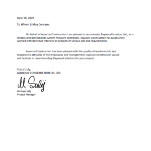 Letters of Recommendation - Baywood Interior Millwork
